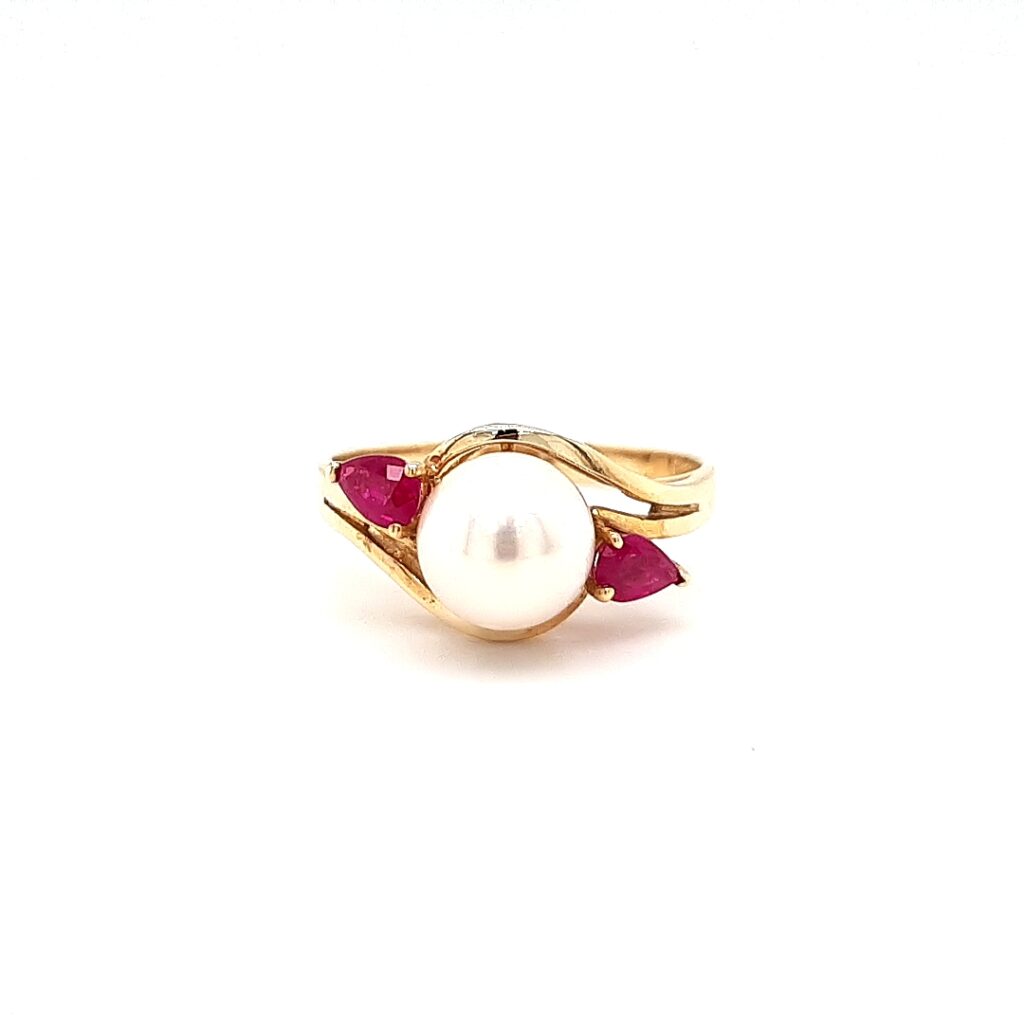 9ct yellow Gold Pearl and Ruby crossover ring | Fosters Jewellers